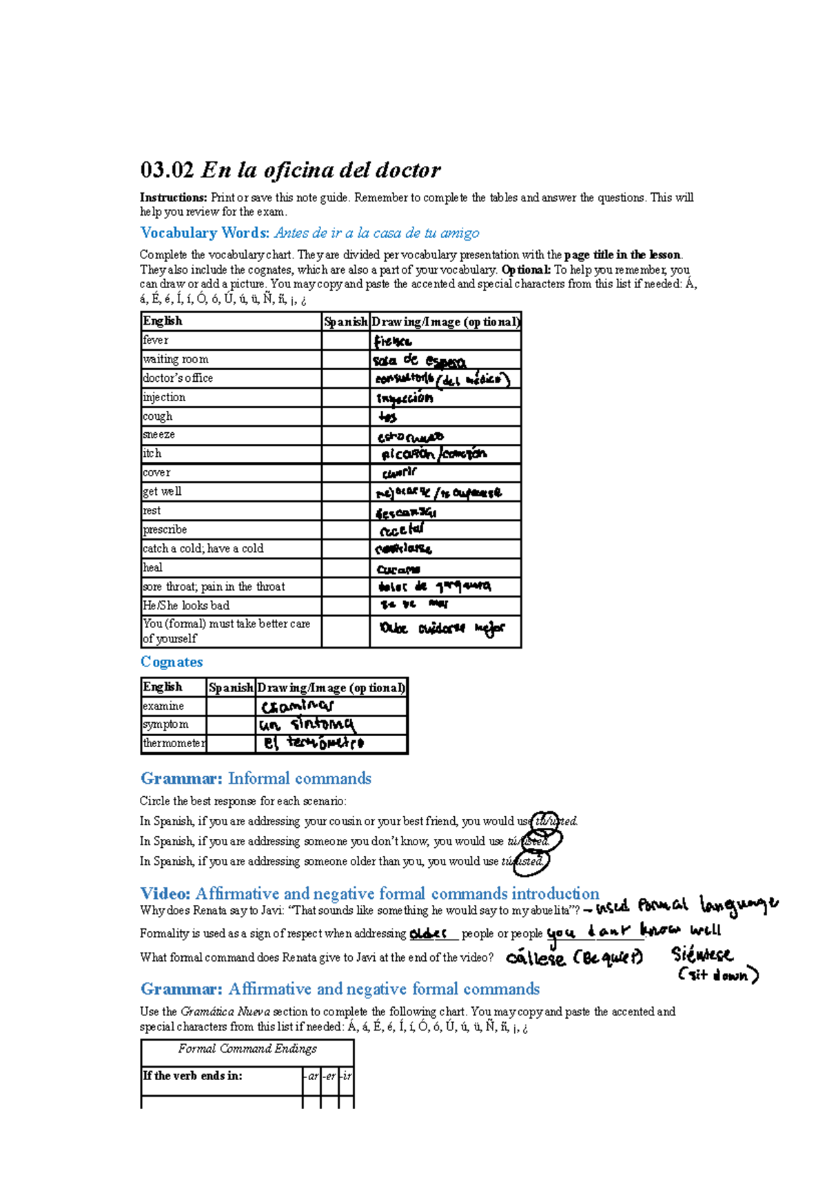 03.02 Notes: Vocabulary & Grammar for Doctor's Office Exam Review - Studocu