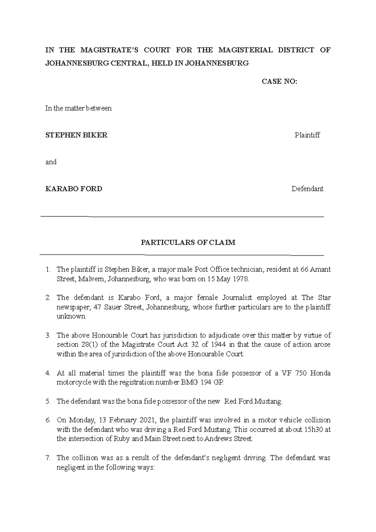 Particulars of Claim - Cape Town Magistrate's Court Case Analysis - Studocu