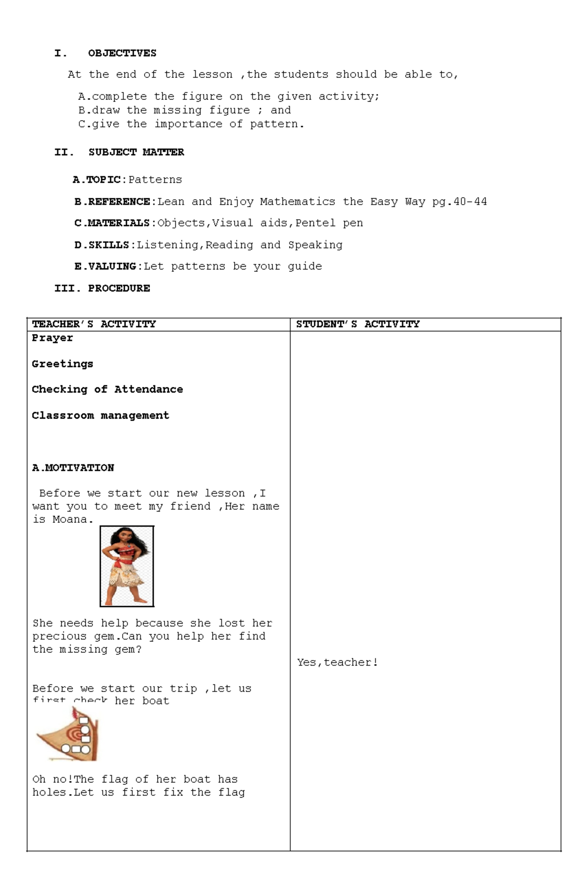 Grade 1 Detailed LP on Patterns: Activities and Objectives - Studocu