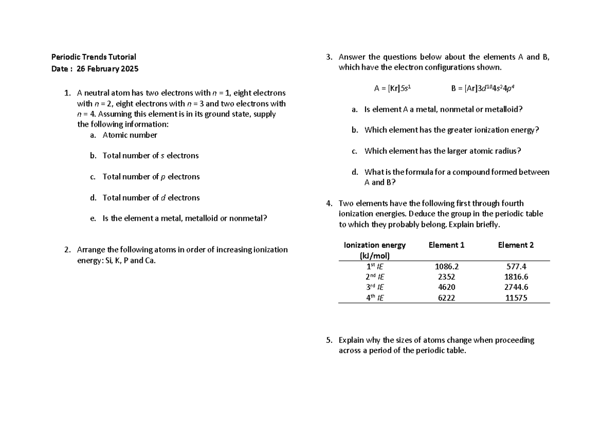 Periodic Trends and Ionization Energy Analysis Tutorial (Chem 101 ...