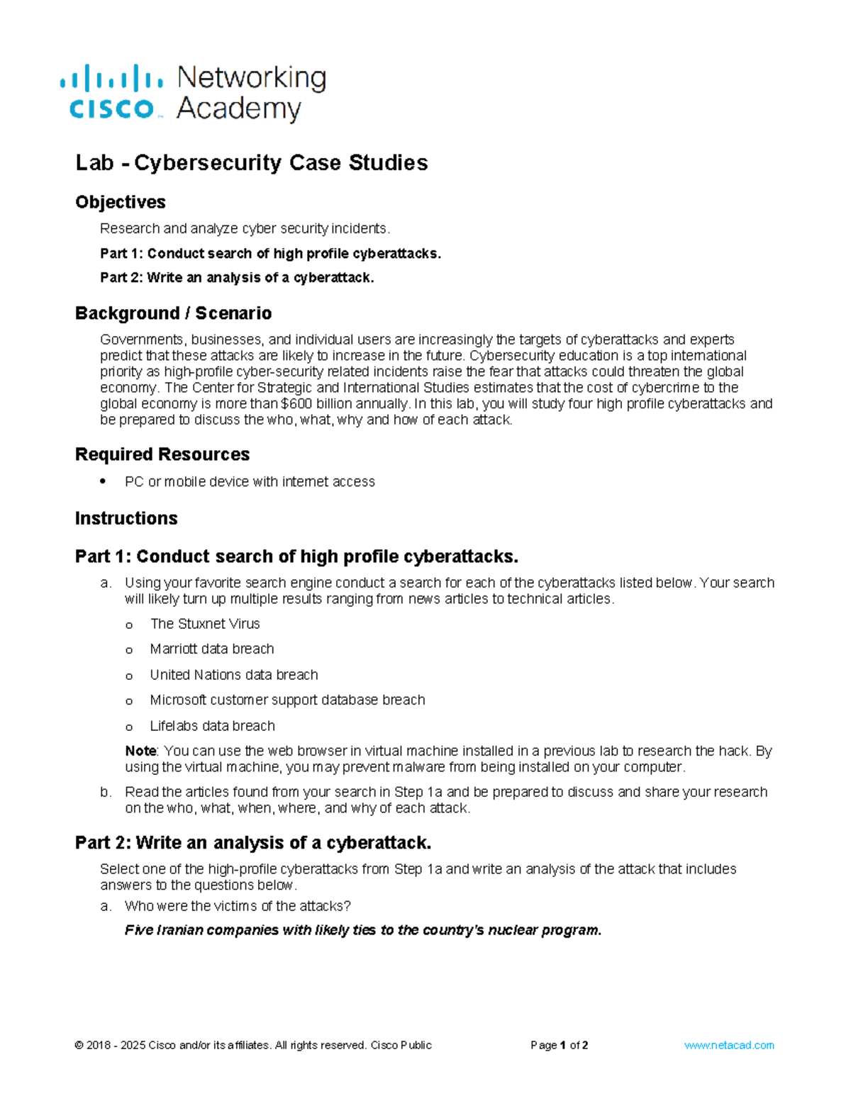 1.1.6 Lab - Cybersecurity Case Studies: Analyzing High-Profile Attacks - Studocu