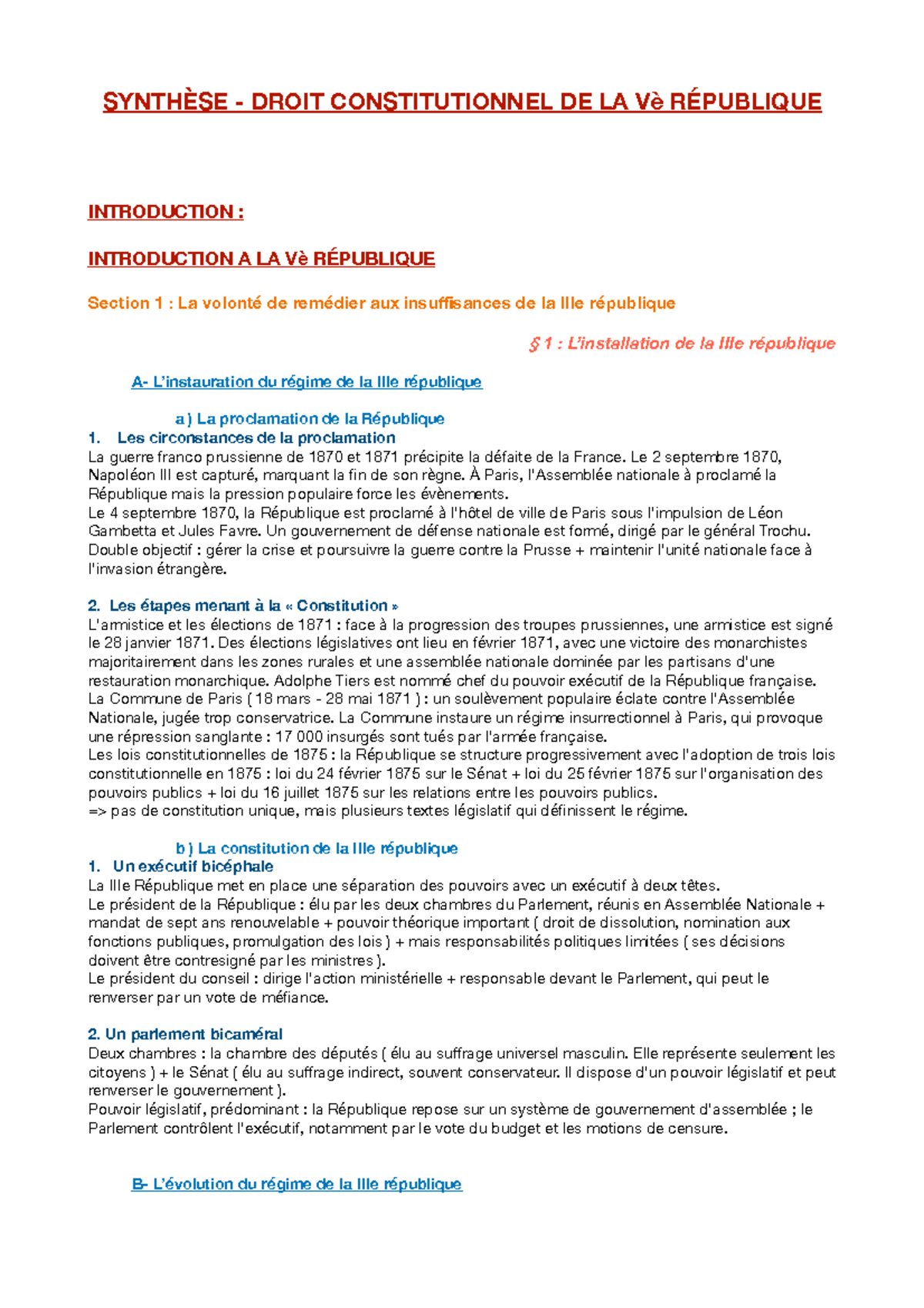 Droit Constitutionnel de la Ve République - Cours Personnel - Studocu