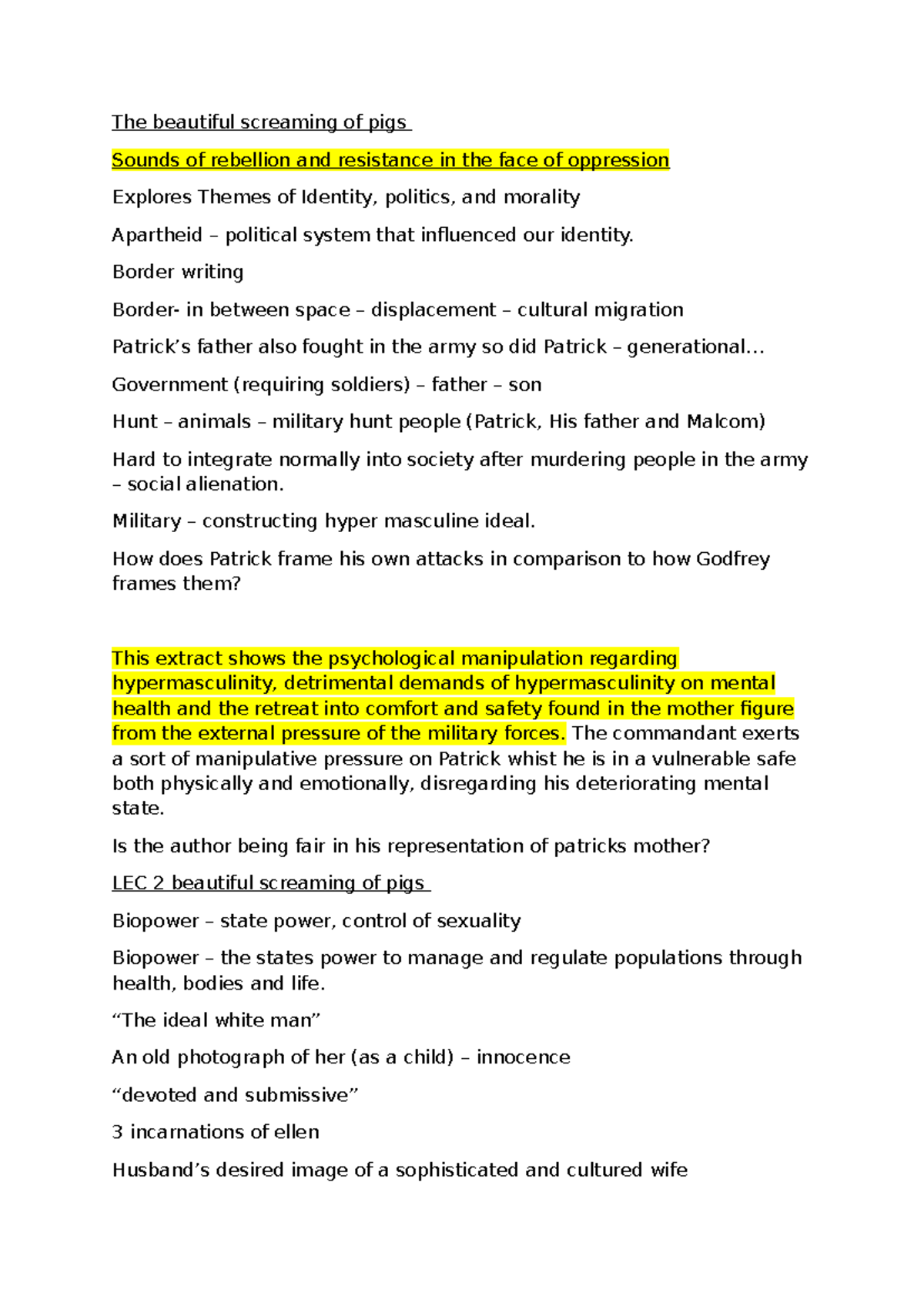 LIT 202 Final Exam Notes: The Beautiful Screaming of Pigs Analysis ...