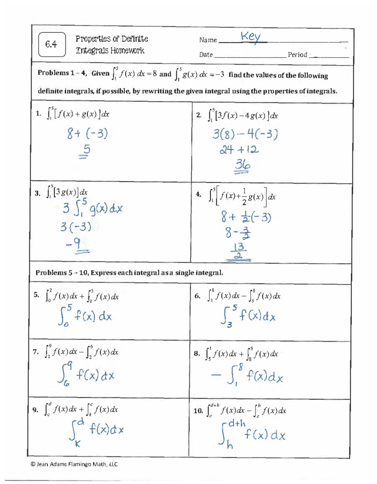 6.4 Calc BC - Properties of Definite Integrals Homework - Studocu