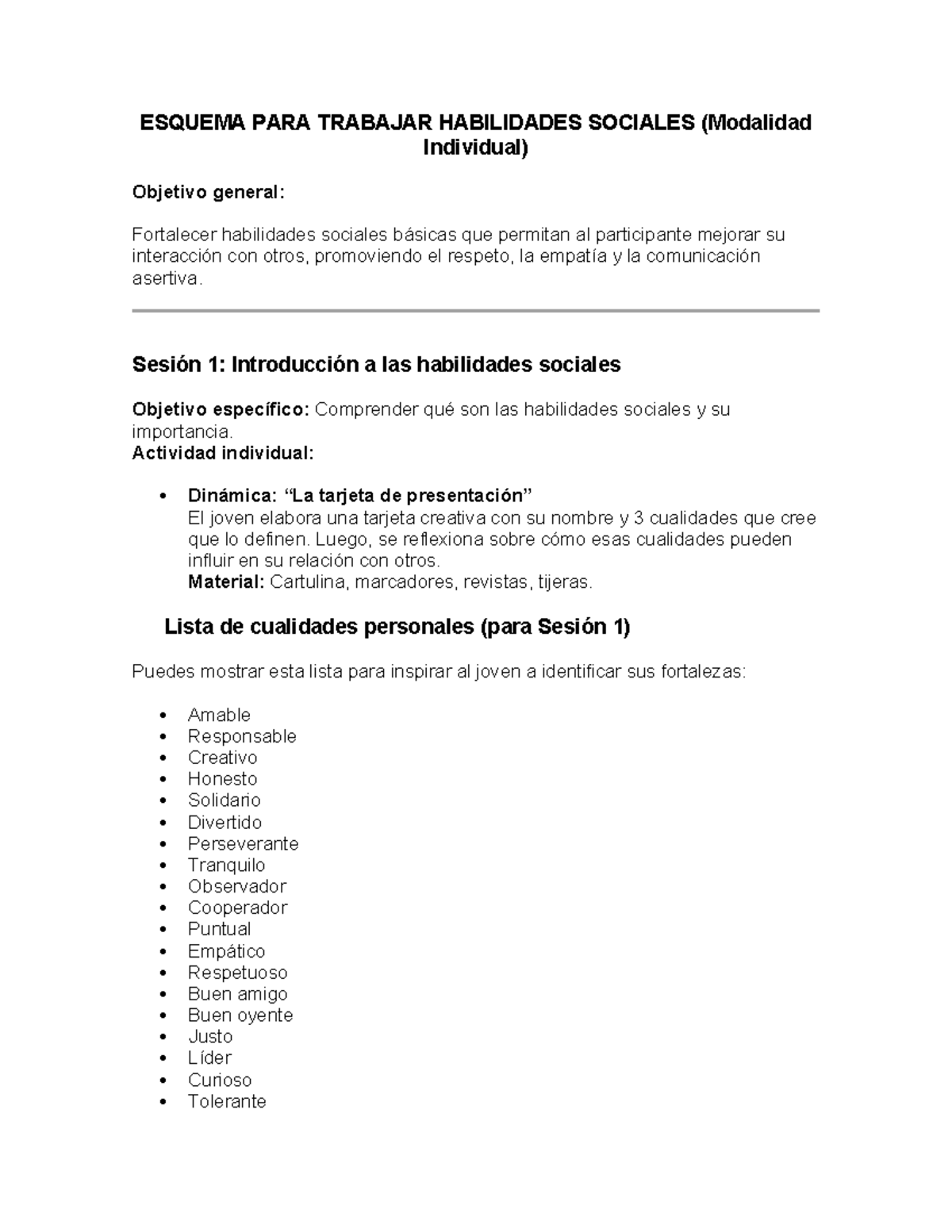 ESQUEMA PARA DESARROLLAR HABILIDADES SOCIALES (Modalidad Individual ...