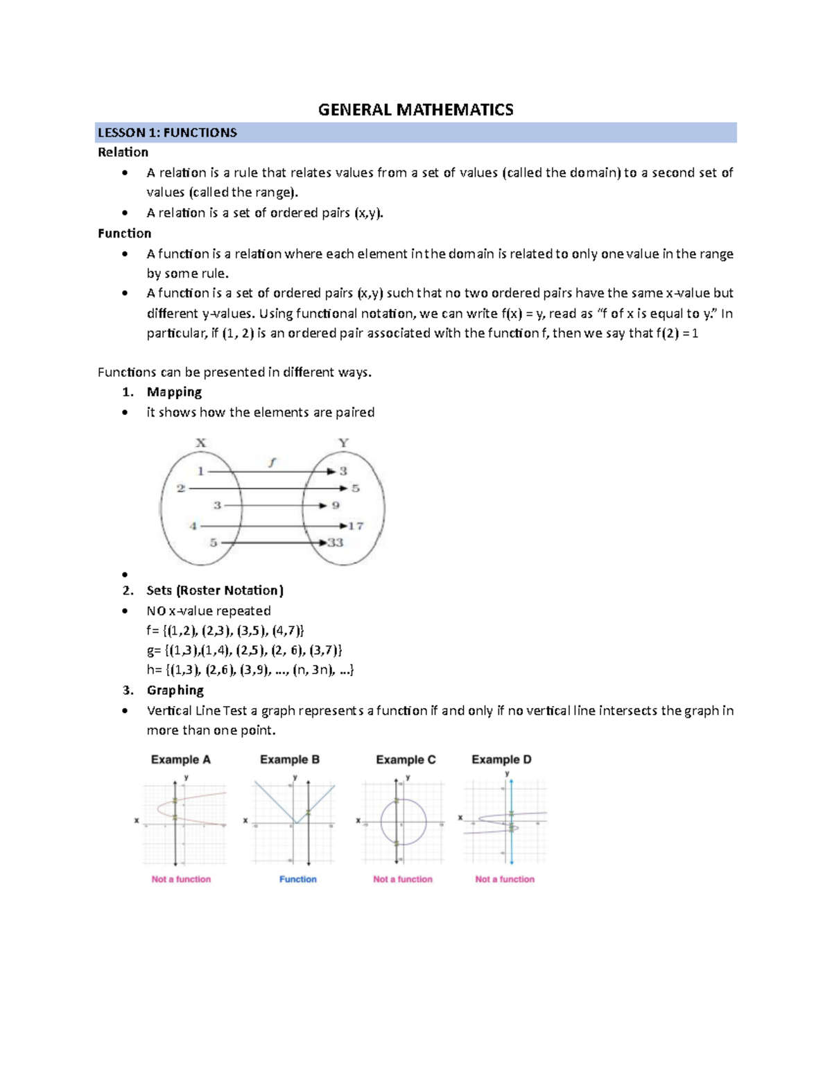 General Mathematics: Functions and Operations Lesson Notes - Studocu