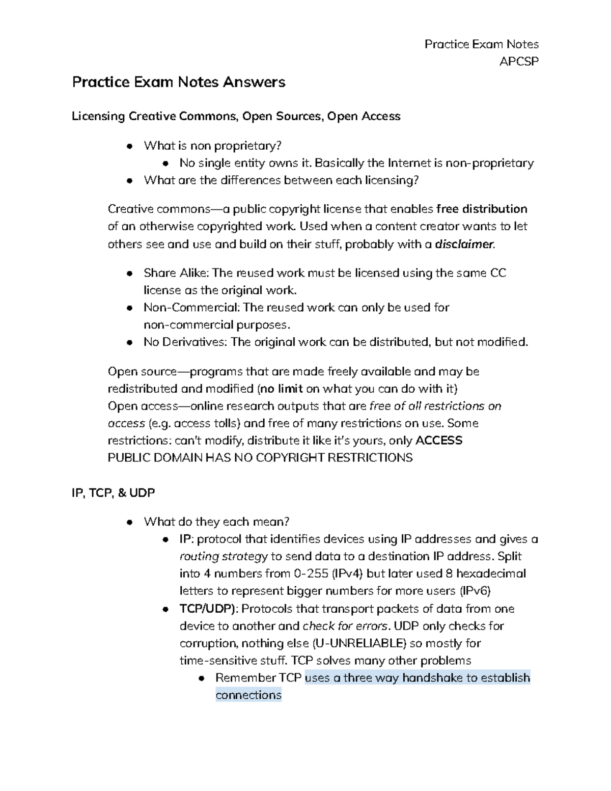 APCSP Final Exam Practice Notes on Licensing & Protocols - Studocu
