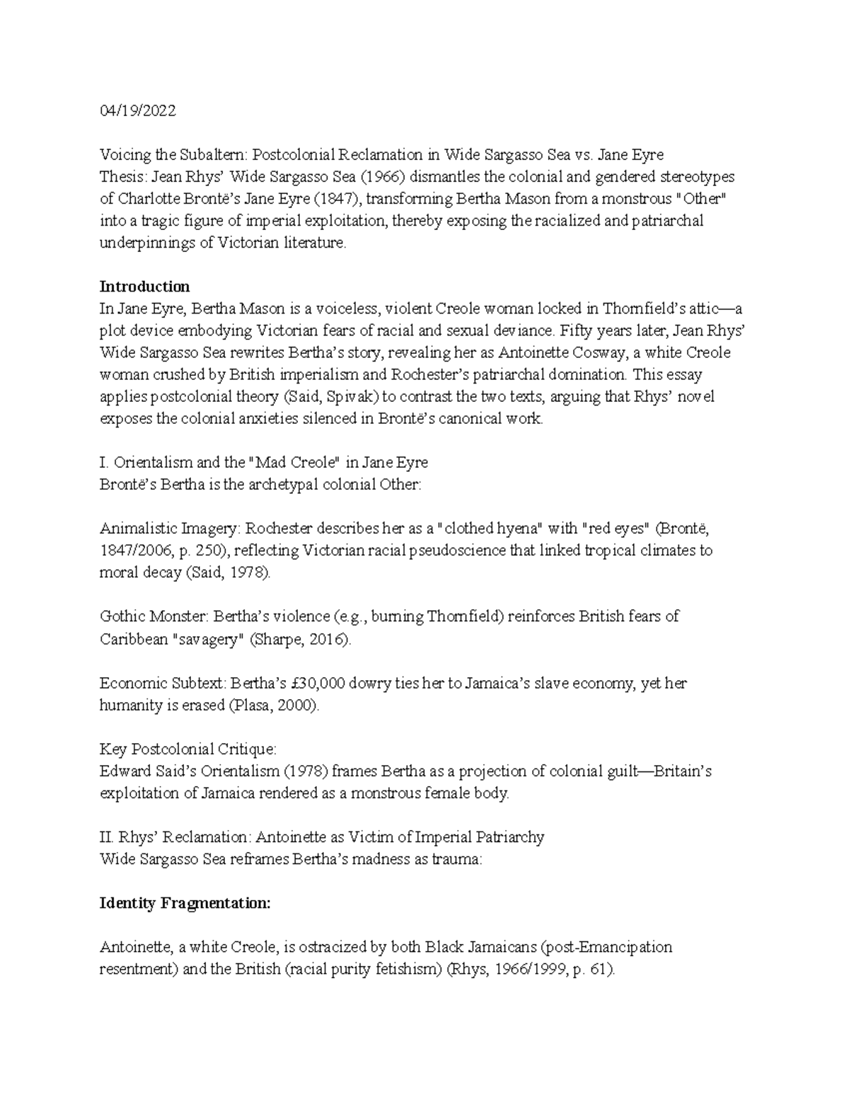 Sociology Short Essay 4: Postcolonial Perspectives in Wide Sargasso Sea ...