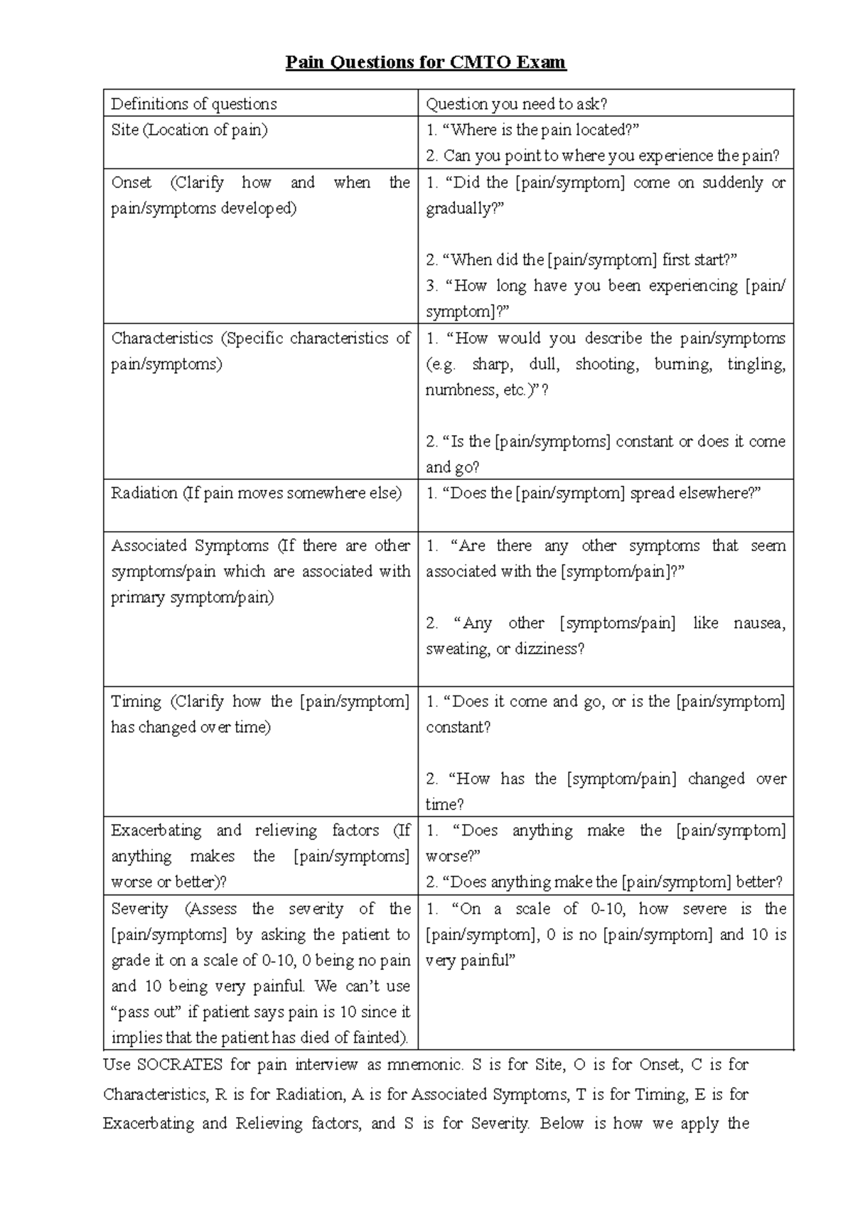 Pain Assessment Questions for CMTO Exam - Studocu