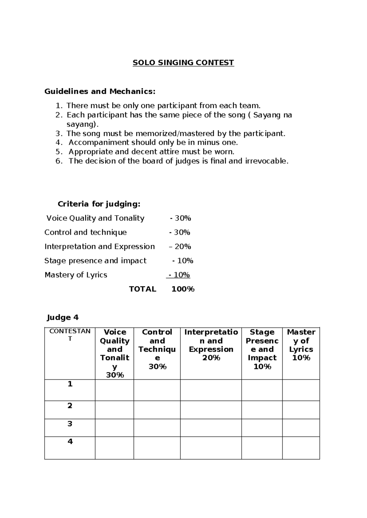 Palakasan Solo and Group Singing Contest Criteria 2024 - Studocu