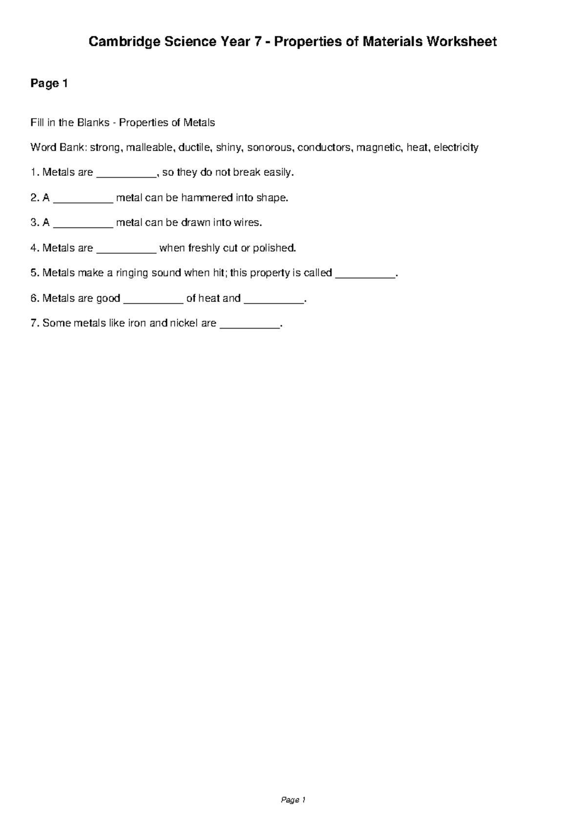 Cambridge Science Y7 Worksheet: Properties of Materials Activities ...