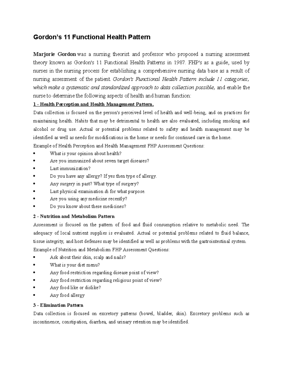Gordon's 11 Functional Health Patterns Overview - Nursing Theory Notes ...
