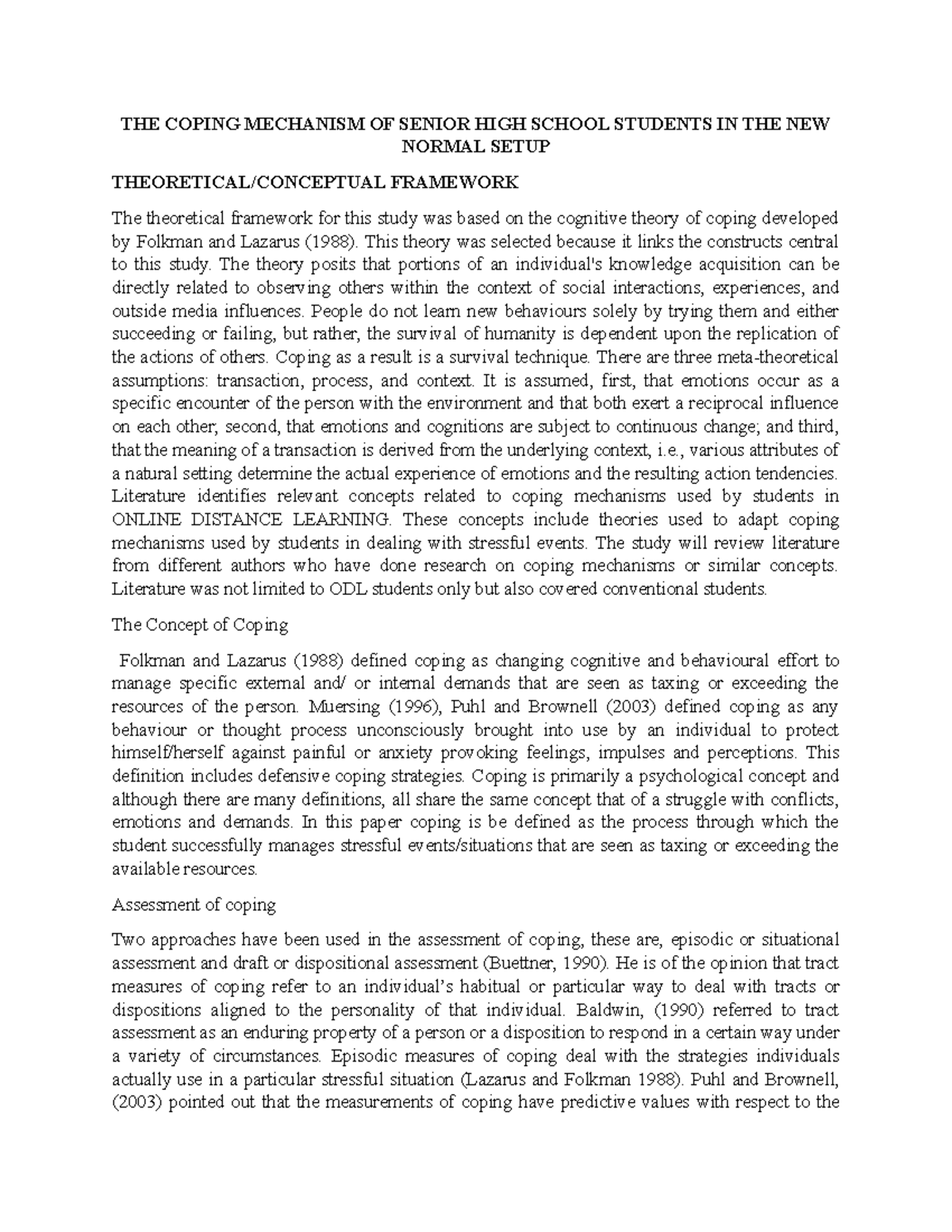 Theoretical Framework on Coping Mechanisms of SHS Students in ODL - Studocu
