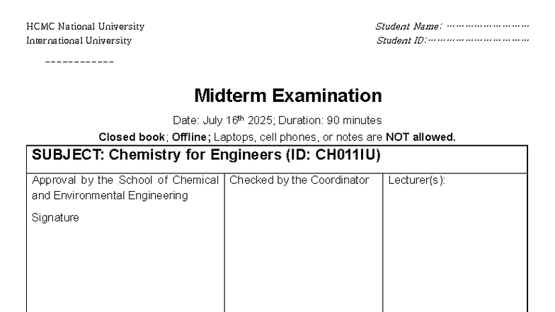 Chemistry for Engineers Midterm Exam (ID: CH011IU) - Studocu