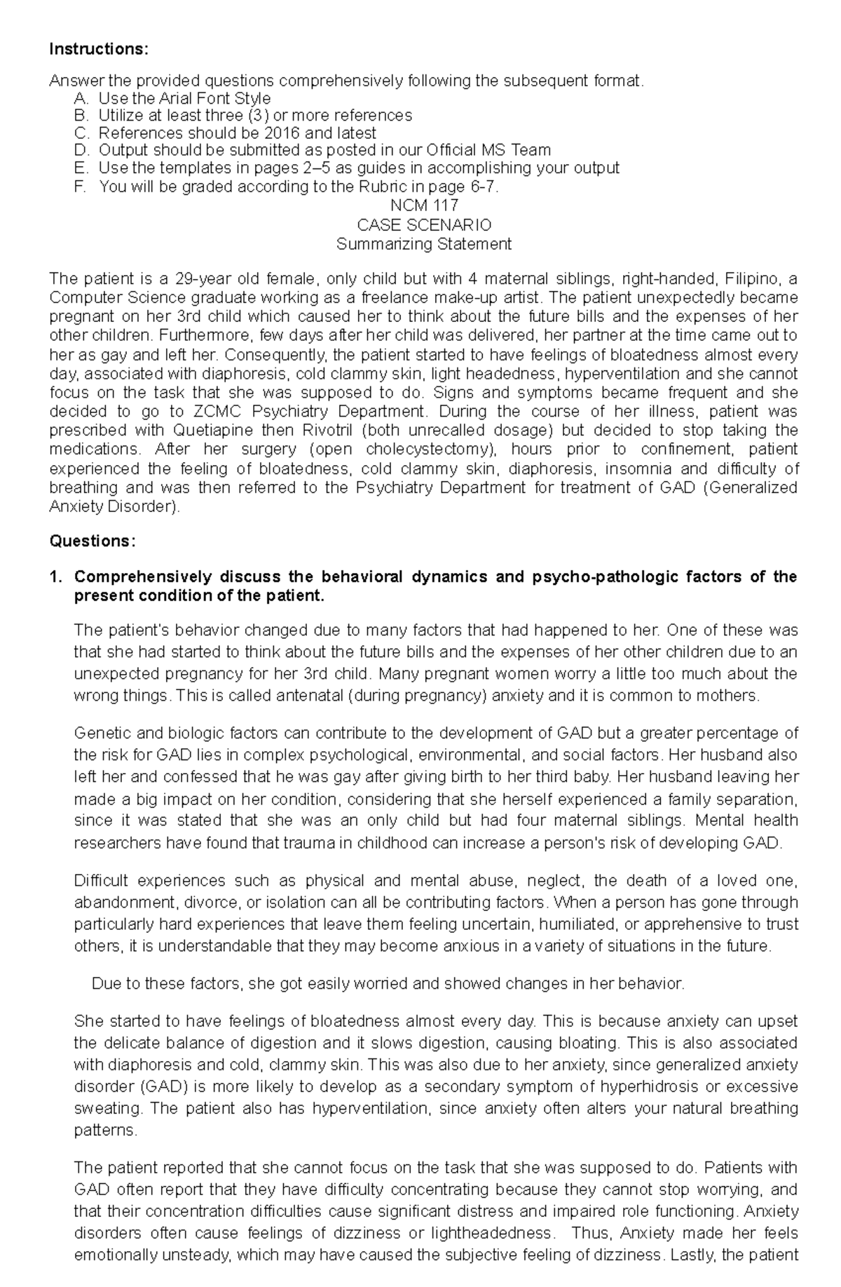 Generalized Anxiety Disorder- case scenario and questions ...