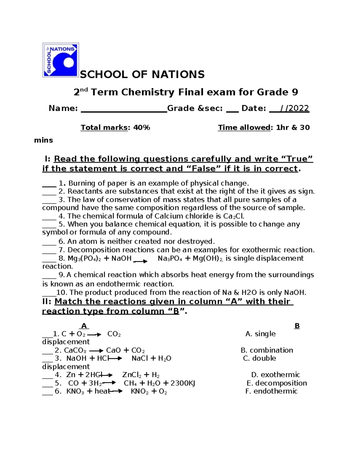 Unit 4. Chemistry Notes 9 - UNIT 4: CHEMICAL REACTION AND STOICHIOMETRY ...