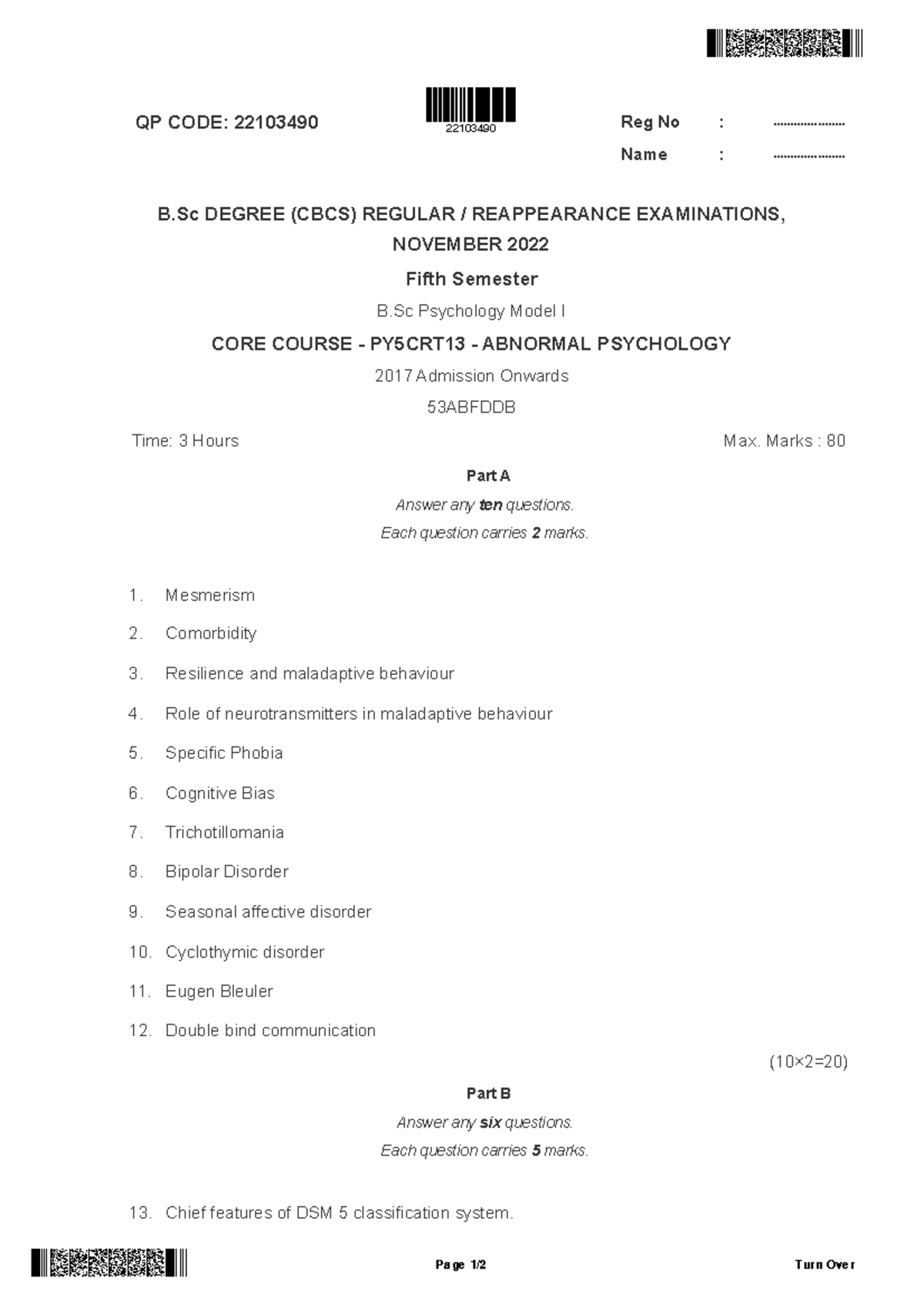 B.Sc PSYCHOLOGY PY5CRT13 NOV 2022 Abnormal Psychology Exam QP - Studocu