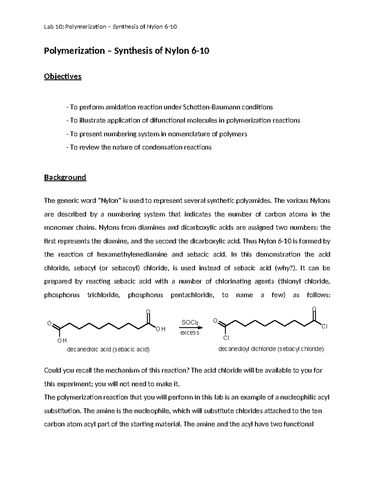 Polymerization Lab: Synthesis of Nylon 6-10 (Chemistry 101) - Studocu