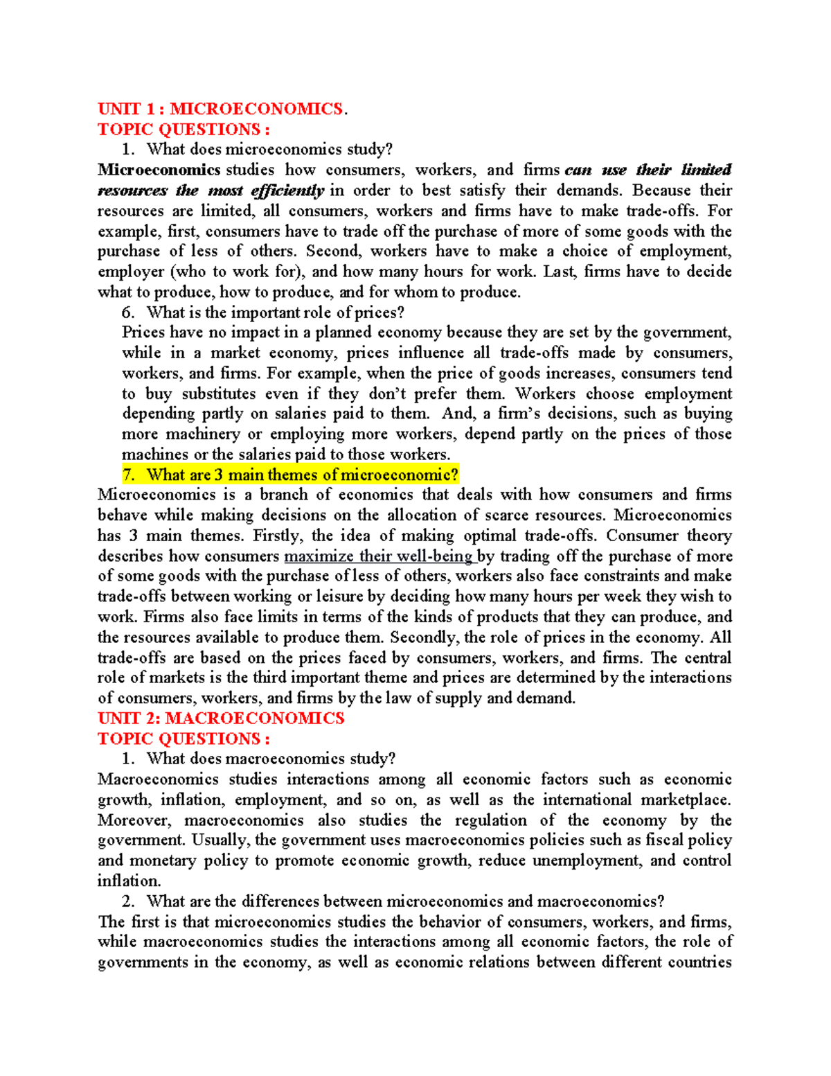Topic TACN1 - UNIT 1 : MICROECONOMICS. TOPIC QUESTIONS : What does ...