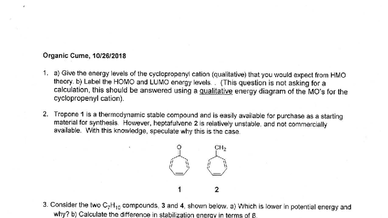 Organic Chemistry Cume Exam: Energy Levels & Stability Analysis - Studocu