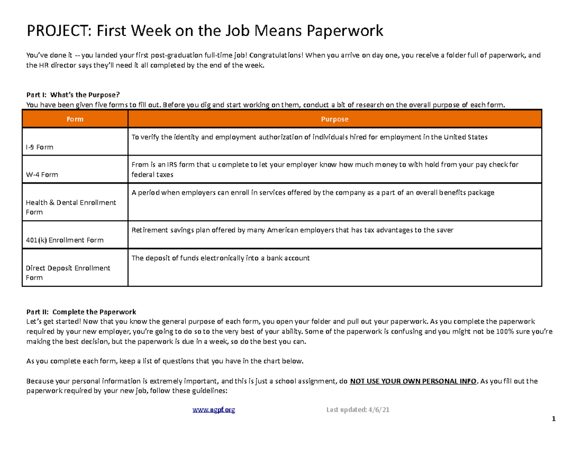 Project: Completing Paperwork during Your First Week on the Job - Studocu