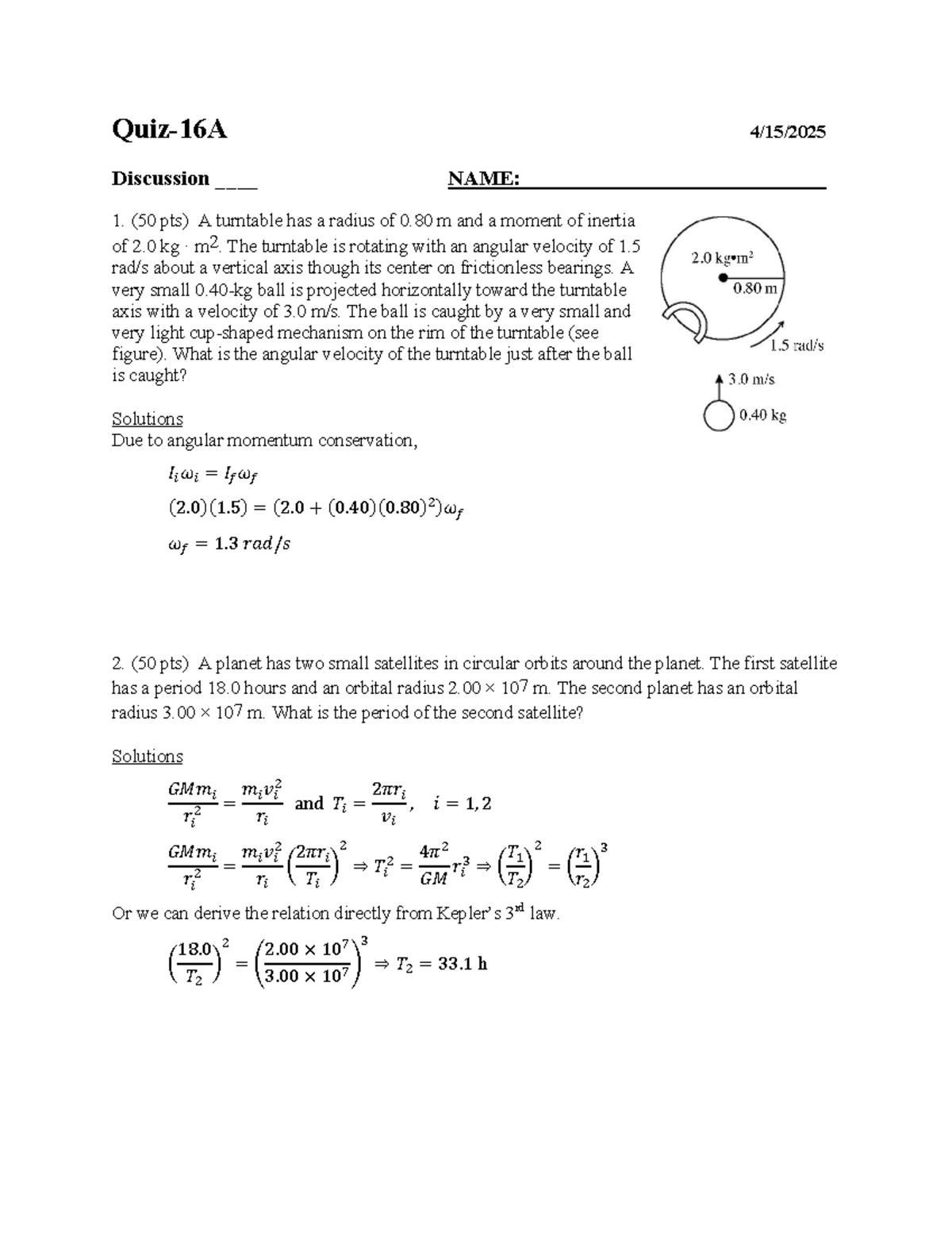 Quiz 16 Solutions: Angular Momentum & Satellite Orbits (4-15-25) - Studocu