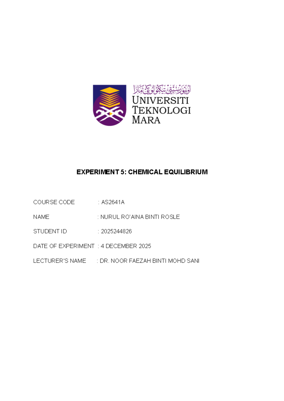Experiment 5: Chemical Equilibrium Analysis - AS2641A - Studocu