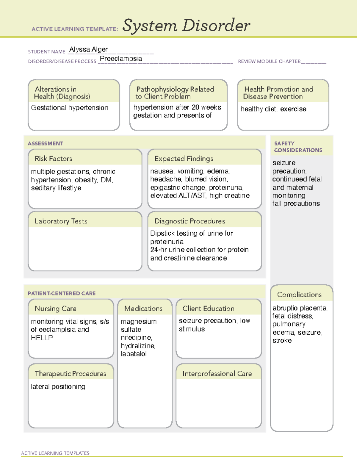 Preeclampsia - ATI - ACTIVE LEARNING TEMPLATES System Disorder STUDENT ...