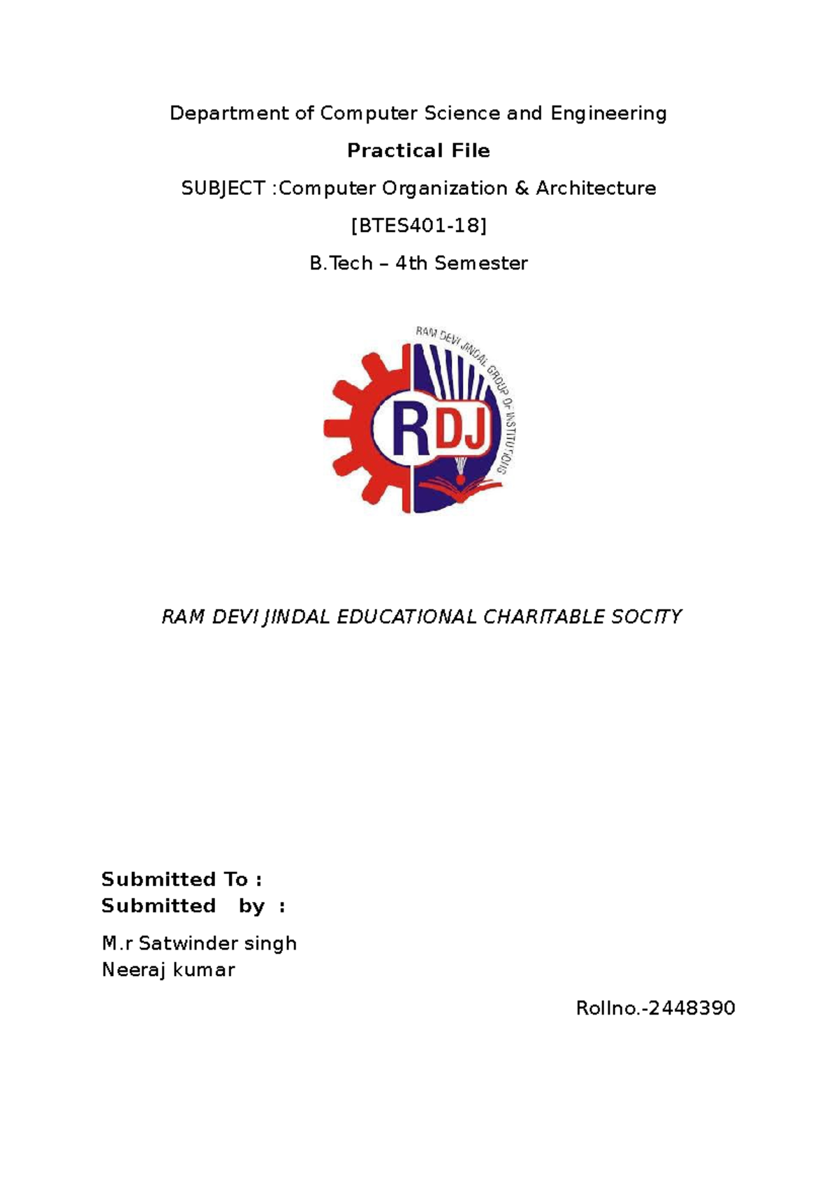 CoA - Practical File for Computer Organization Architecture (B.Tech 4th ...