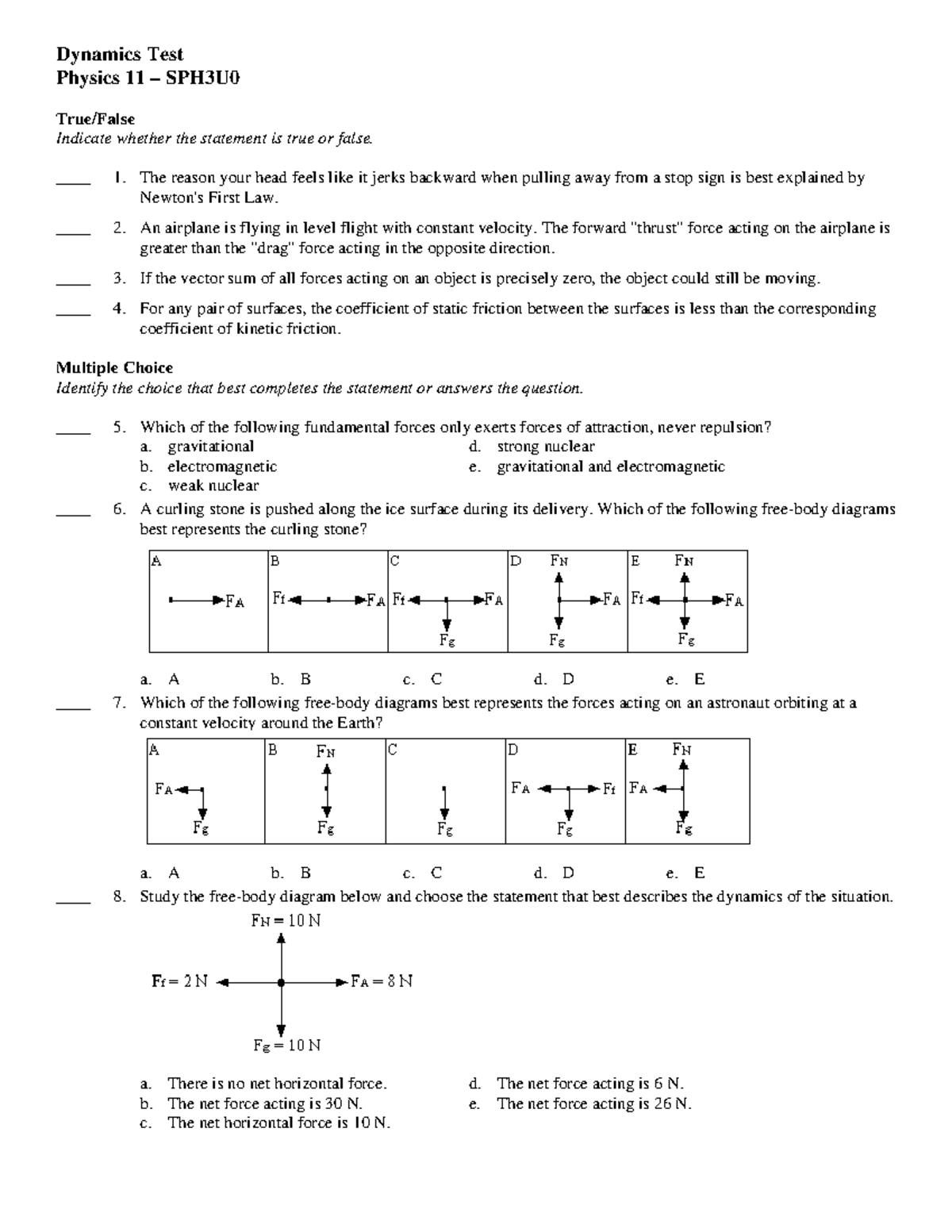 Physics 11 - SPH3U Dynamics Practice Test with Answers - Studocu