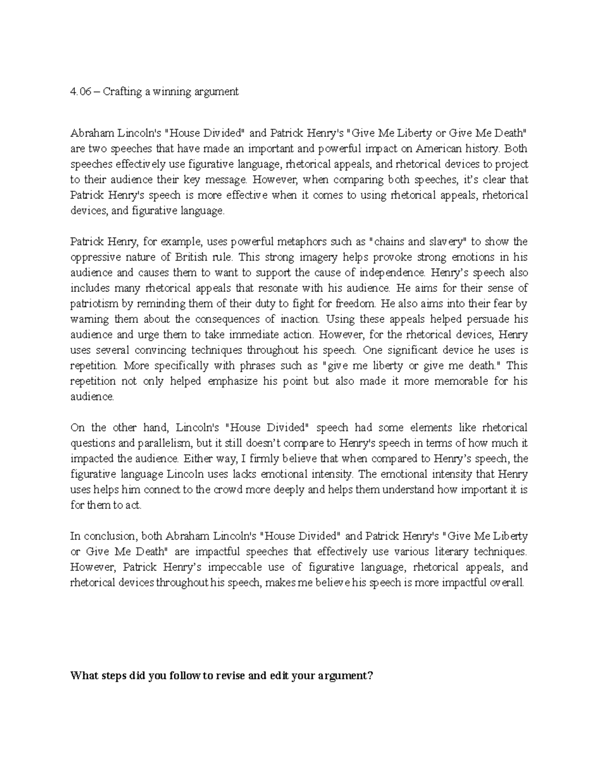 4.06 - Analyzing the Impact of Lincoln and Henry's Speeches - Studocu