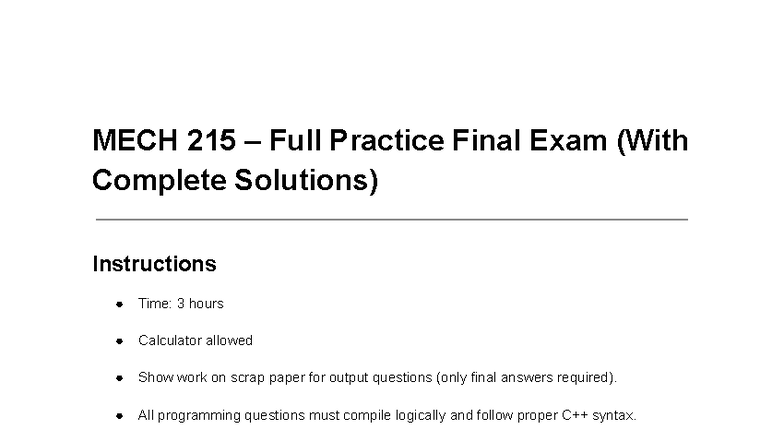 MECH 215 – Comprehensive Final Exam Practice (Solutions Included) - Studocu