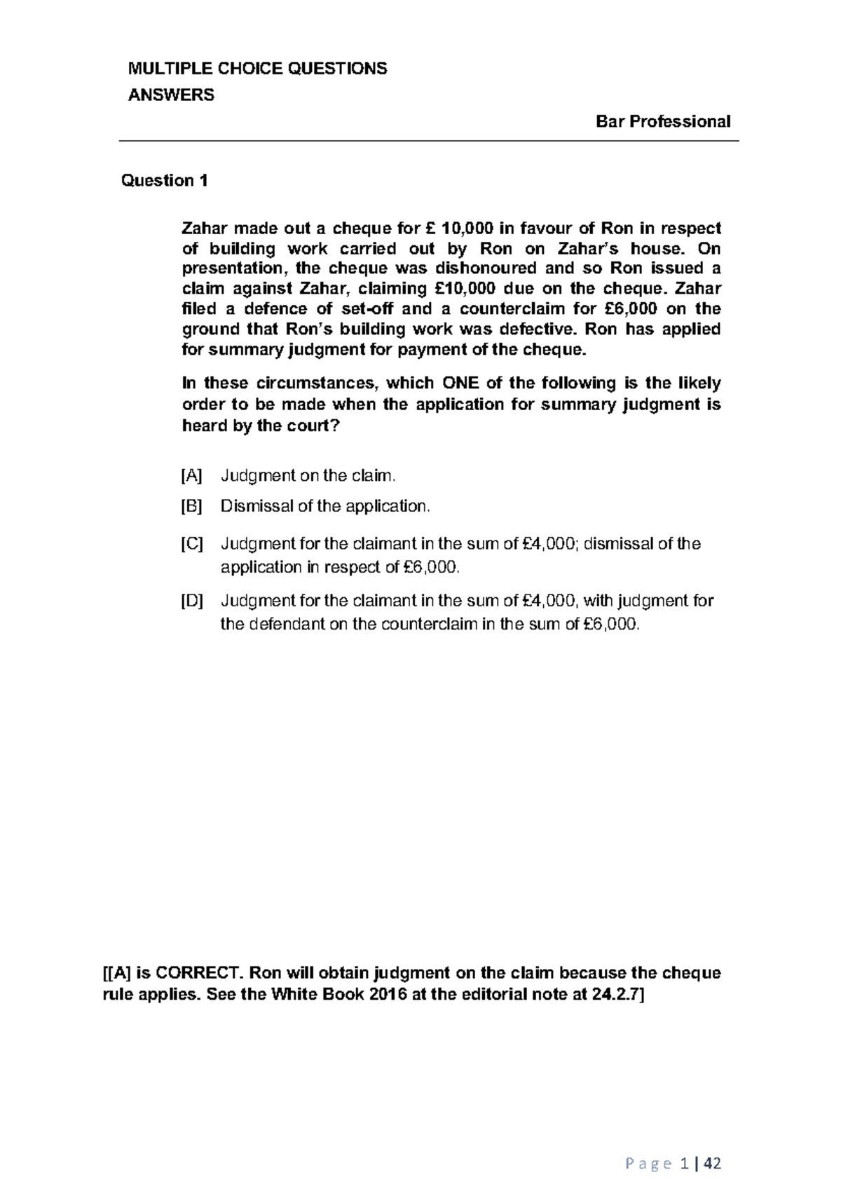 Bar Professional Exam: Summary Judgment & Strike Out Answers - Studocu