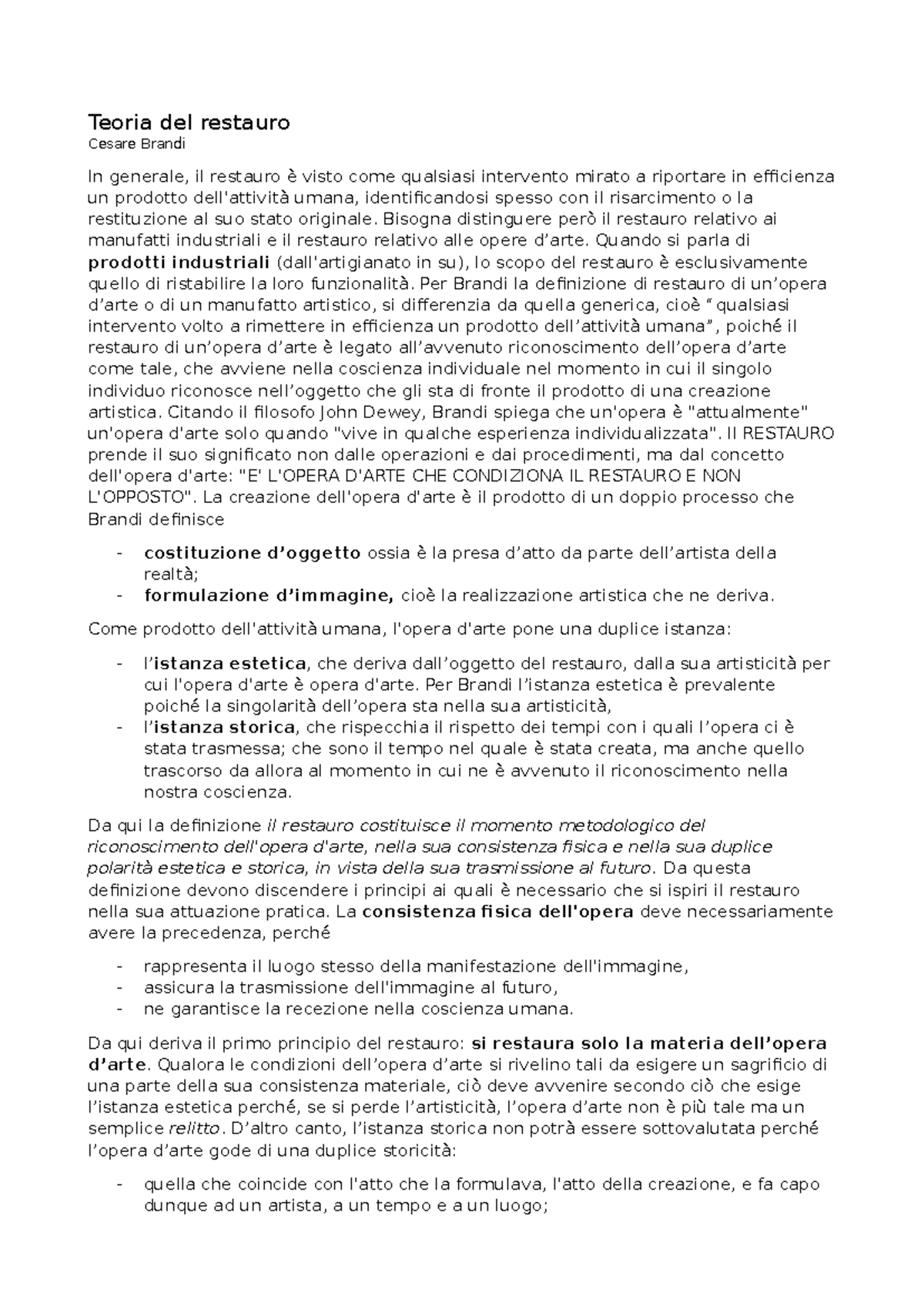 Teoria del Restauro secondo Cesare Brandi: Principi e Metodologie - Studocu
