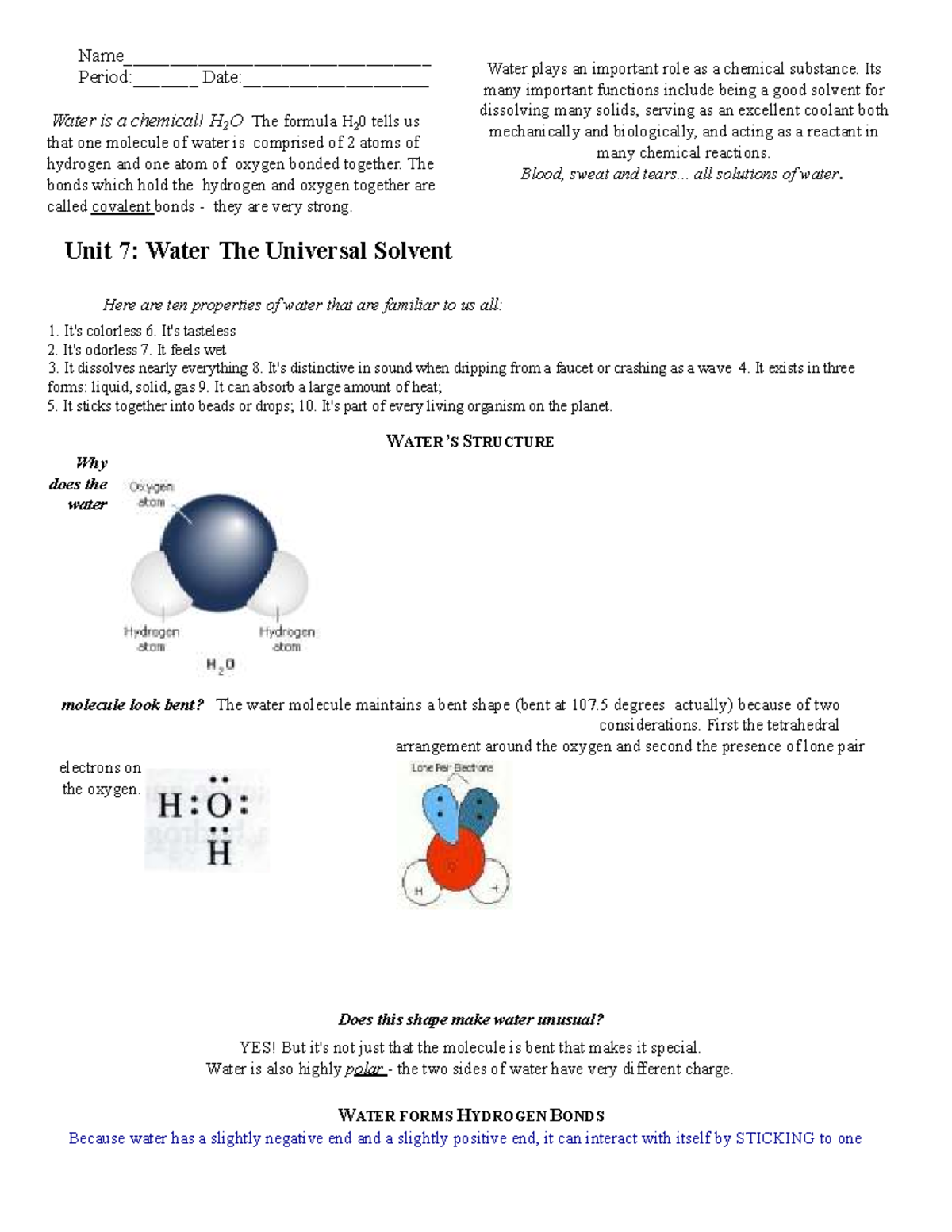 Unit 7: Water - The Universal Solvent and Its Unique Properties - Studocu