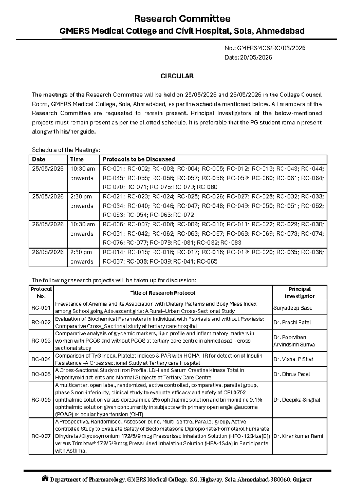Circular for Research Committee Meetings at GMERS Medical College [2026 ...