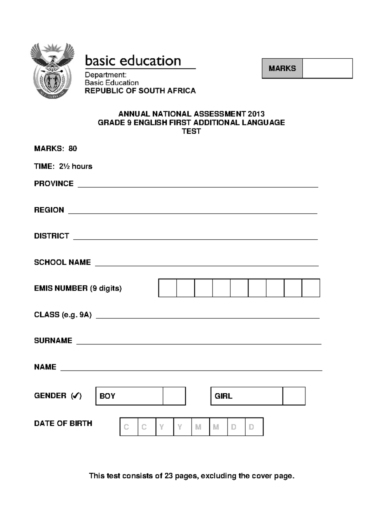 Grade 9 English FAL Annual Assessment 2013 Test Paper - Studocu