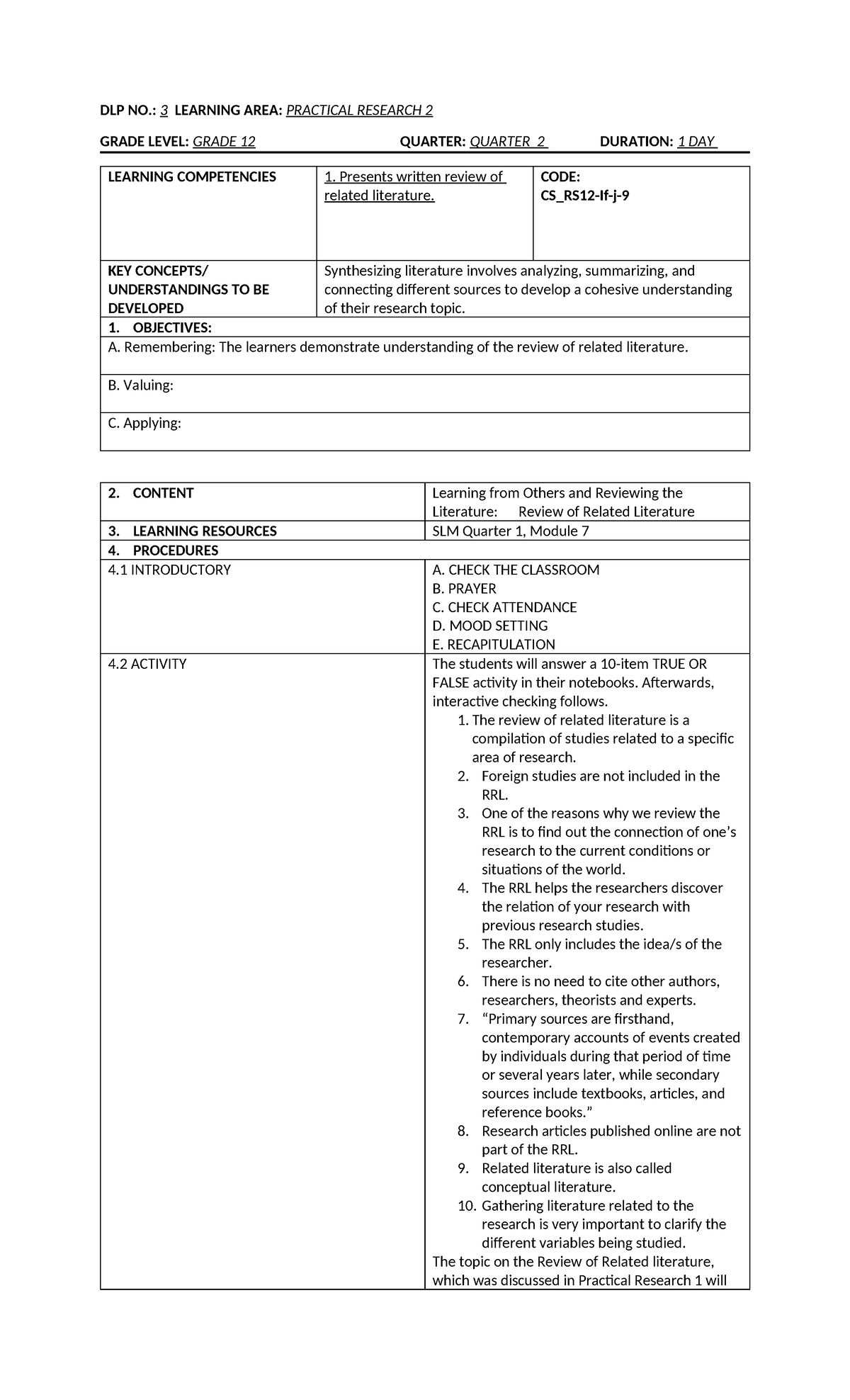 Detailed Lesson Plan for Practical Research 2 (Grade 12) - Quarter 2 ...