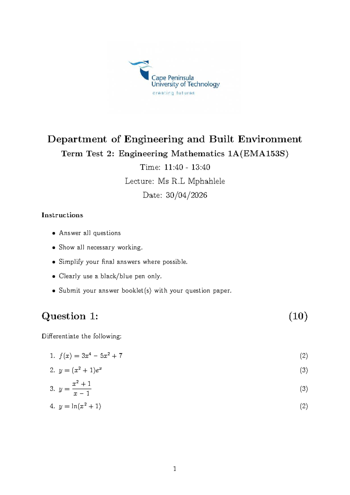 Term Test 2: Engineering Mathematics 1A (EMA153S) - Civil Engineering ...