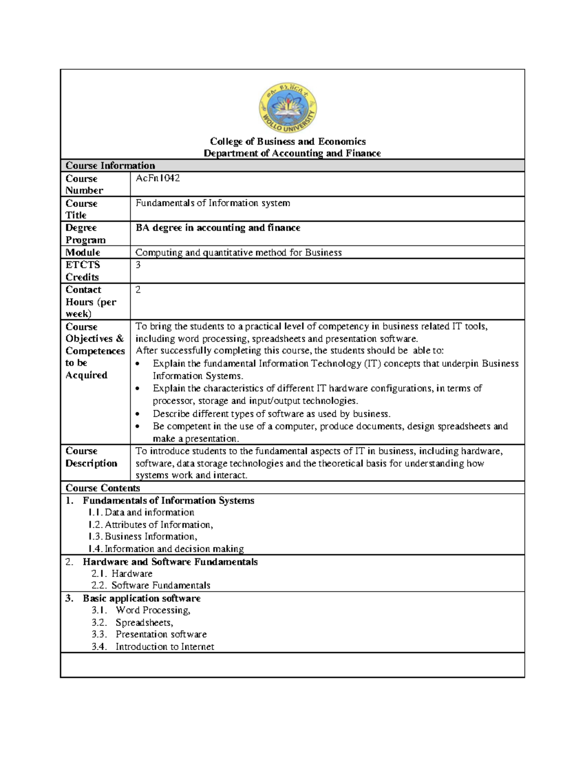 Fundamentals of Information Systems Course Outline - AcFn 169221327 - Studocu