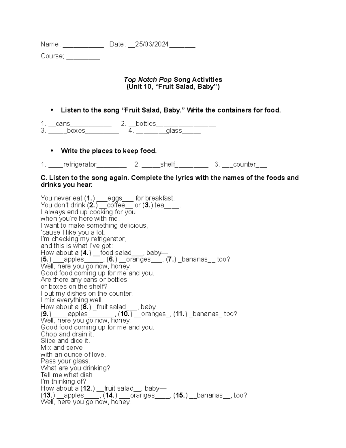 Top Notch Pop Song Unit 10: "Fruit Salad, Baby" Activities - Studocu