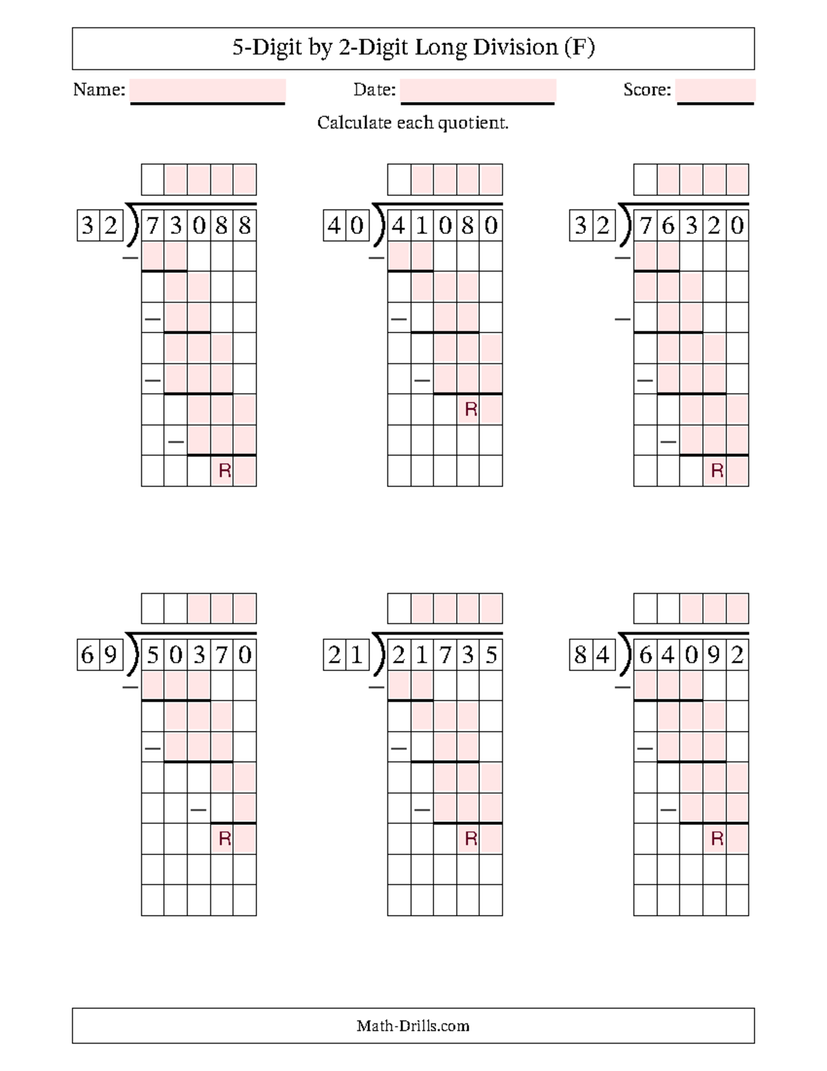 Division long grid 2digit divisor 5digit dividend prompts no remainders ...