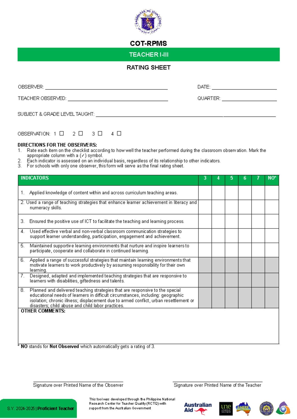 COT-RPMS Teacher Observation Rating Sheet SY 2024-2025 - Studocu
