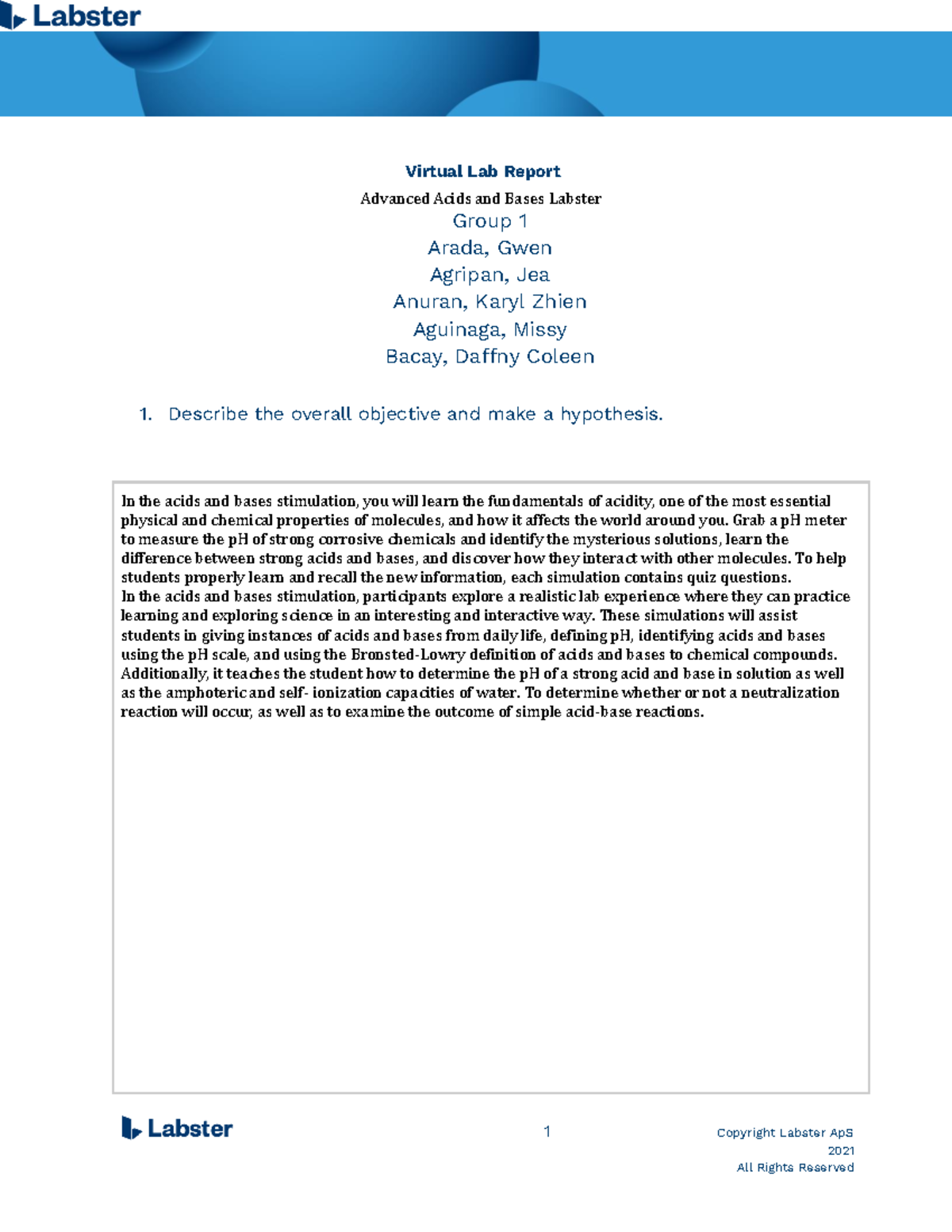 Labster Lab Report Template 2022 2023 copy - 1 Copyright Labster ApS ...