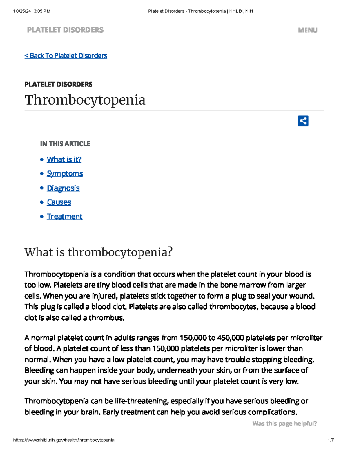 Platelet Disorders: Understanding Thrombocytopenia - NHLBI, NIH - Studocu