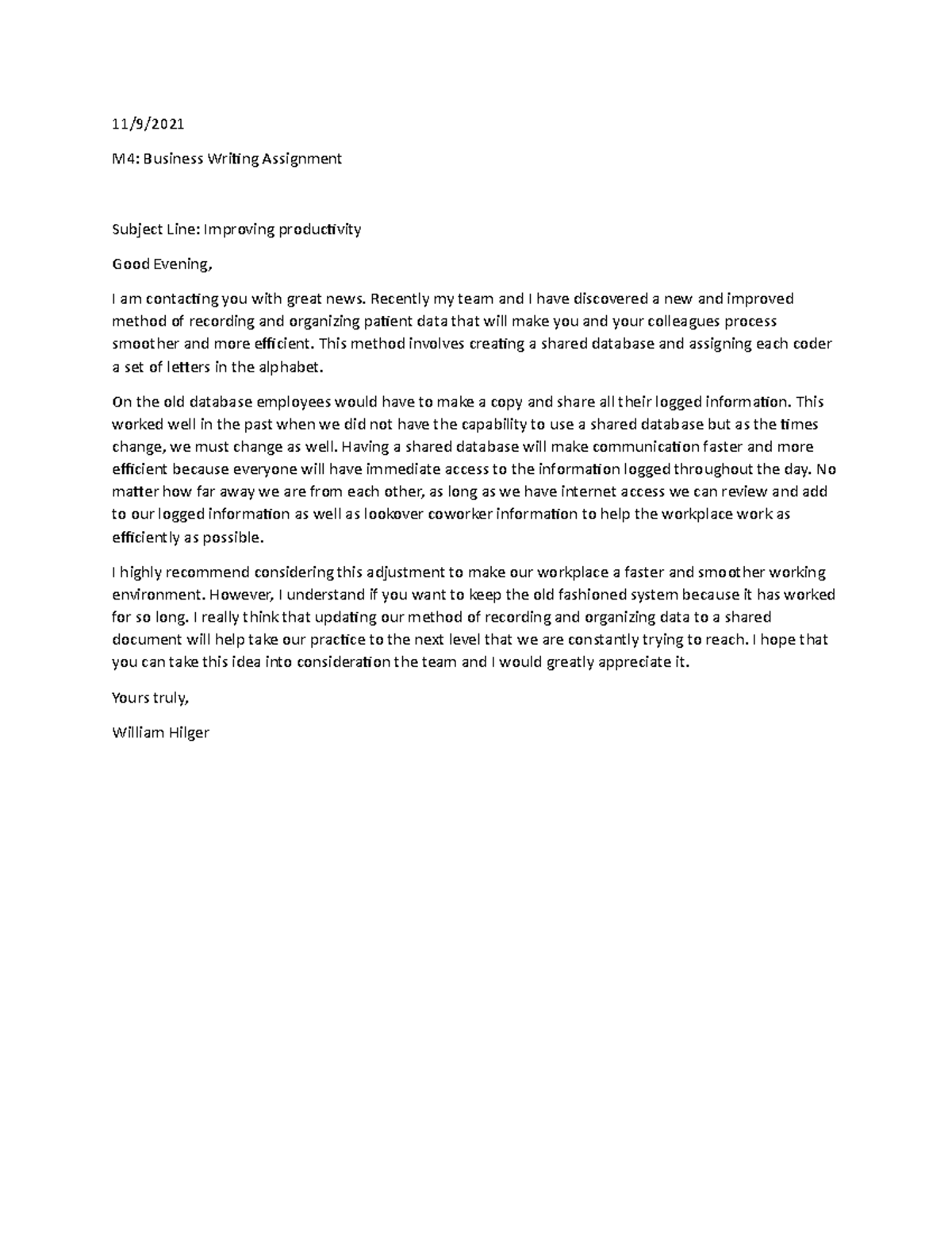 M4 Business Writing Assignment - 11/9/ M4: Business Writing Assignment ...
