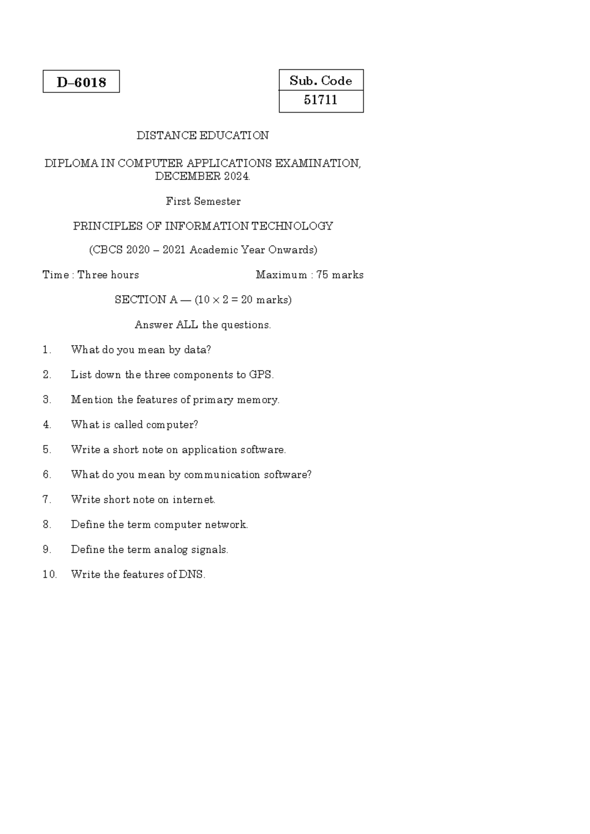 Sub. Code 51711 & 51713 DISTANCE EDUCATION DIPLOMA IN COMPUTER ...