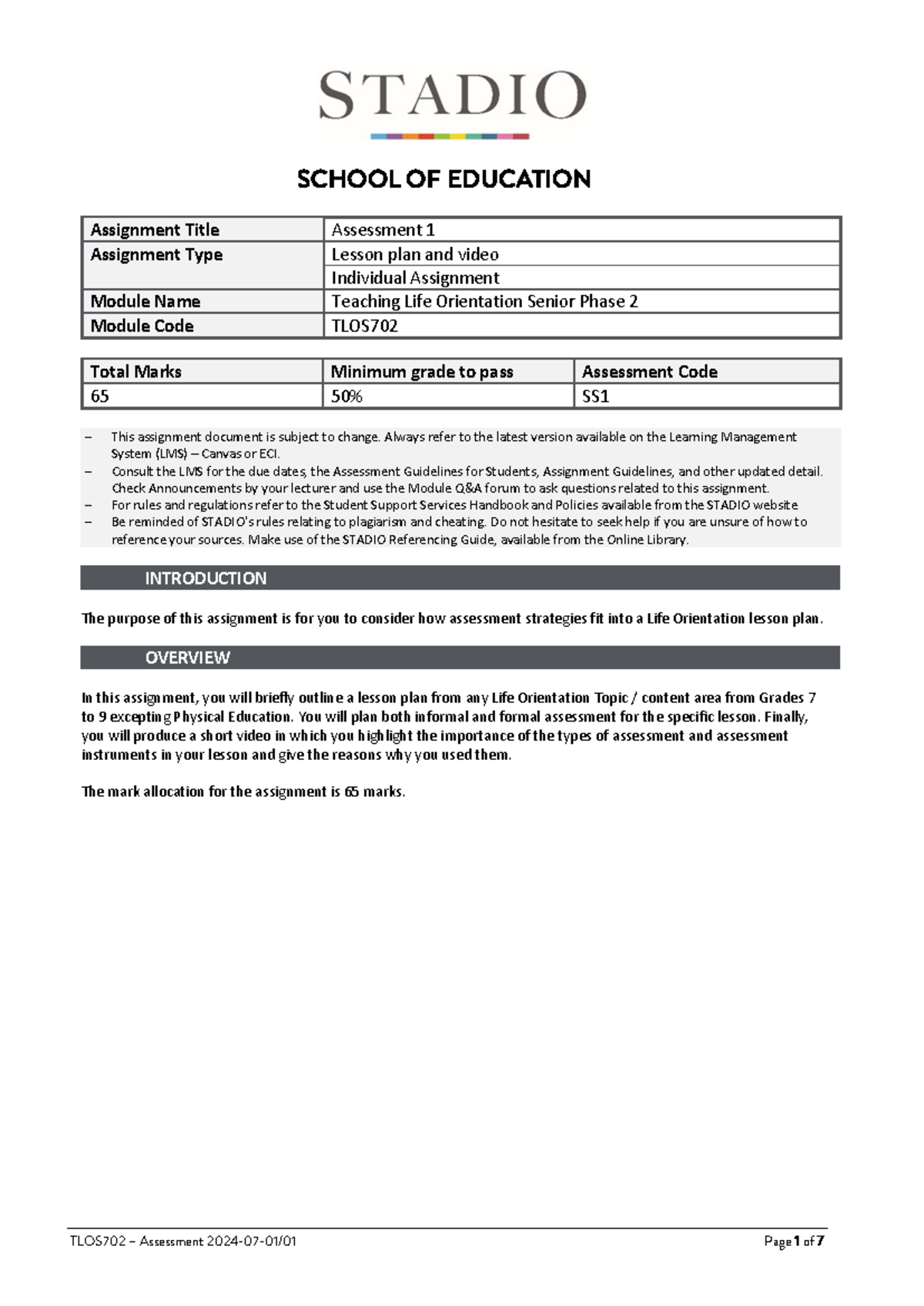 Stadio Assignment template T LOS702 SS1 2024 - SCHOOL OF EDUCATION ...