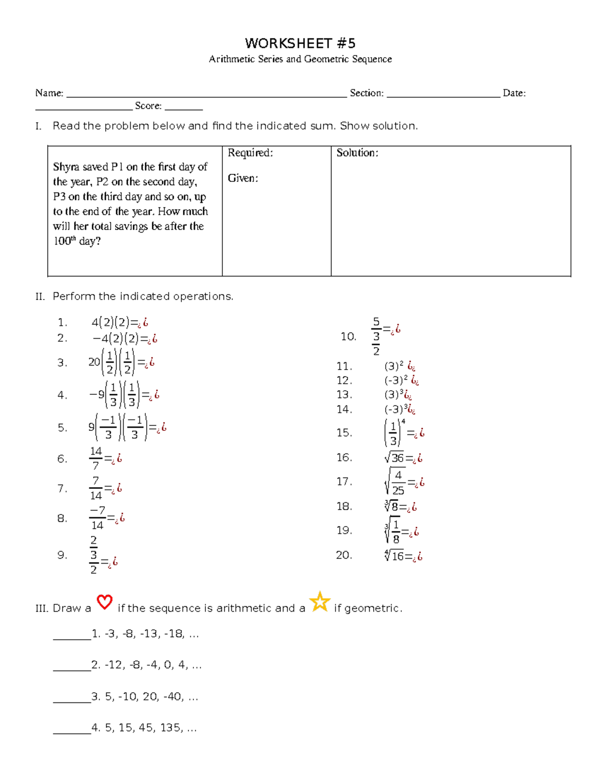 Q1 Worksheet 5 - WORKSHEET Arithmetic Series and Geometric Sequence Name: - Studocu
