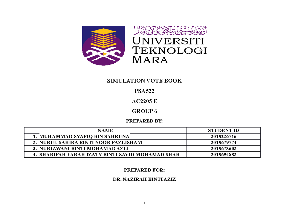 Vote book sheet example PSA522 Universiti Teknologi MARA - SIMULATION ...